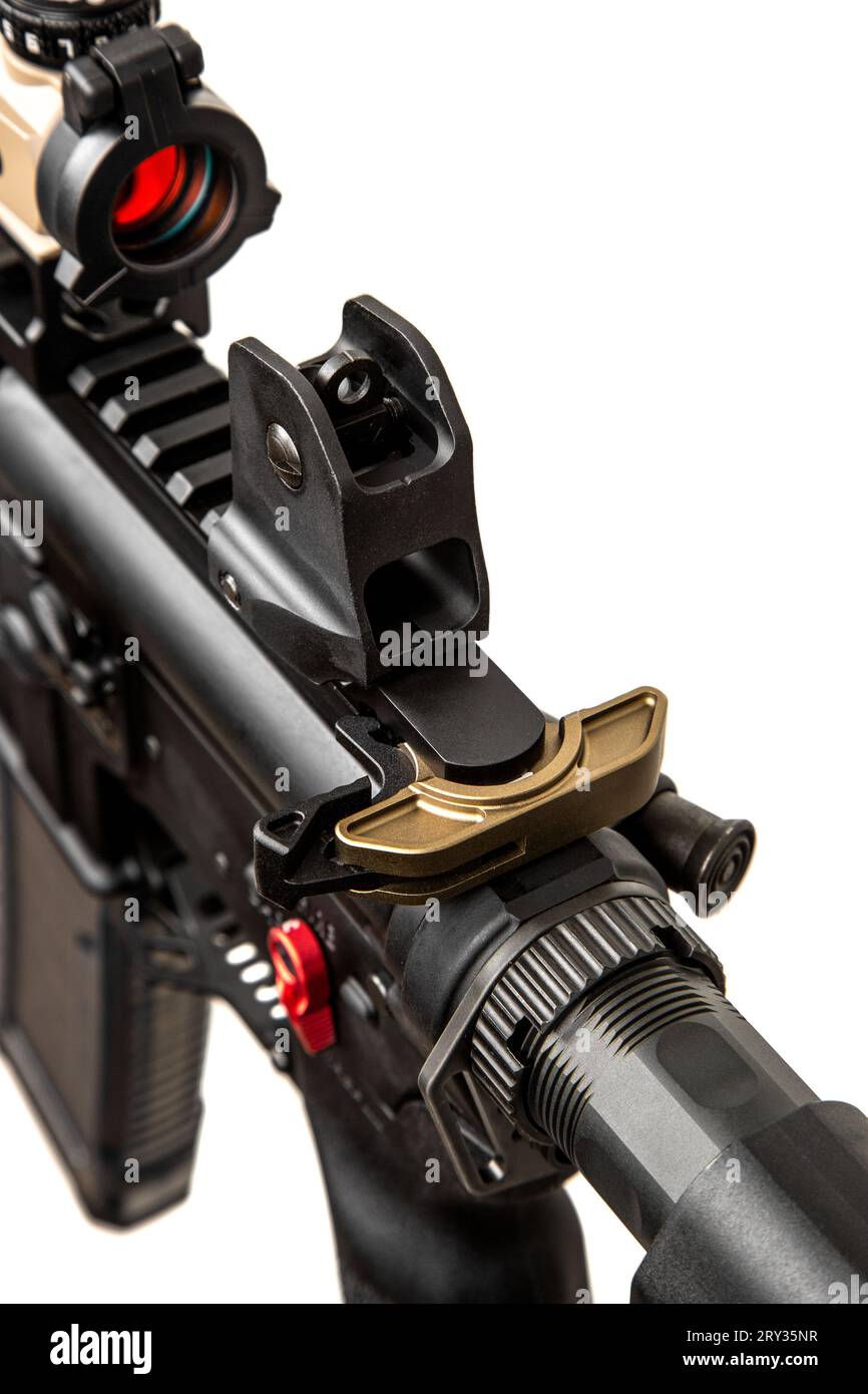 Close-up of sights on an automatic rifle. Weapons for police, special ...