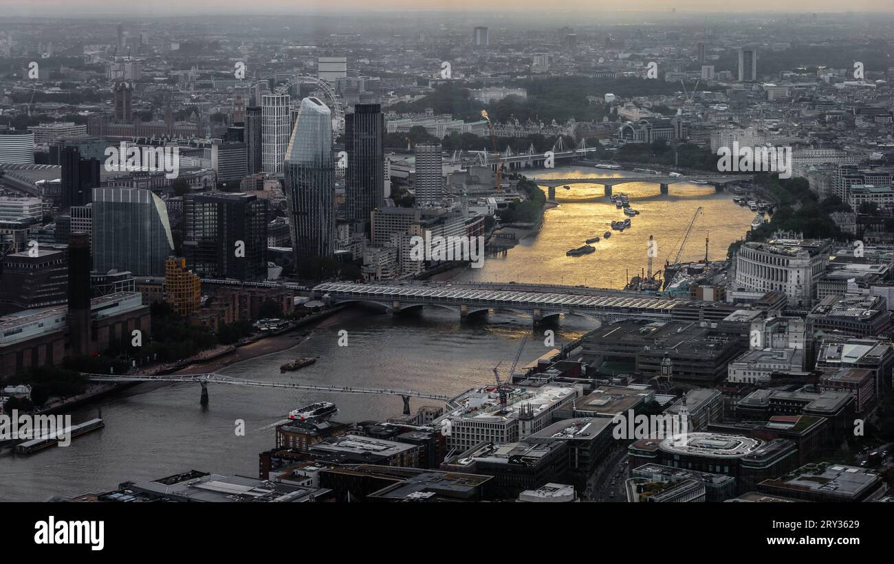 The view down the river thames at sunset from the Horizon 22 building ...