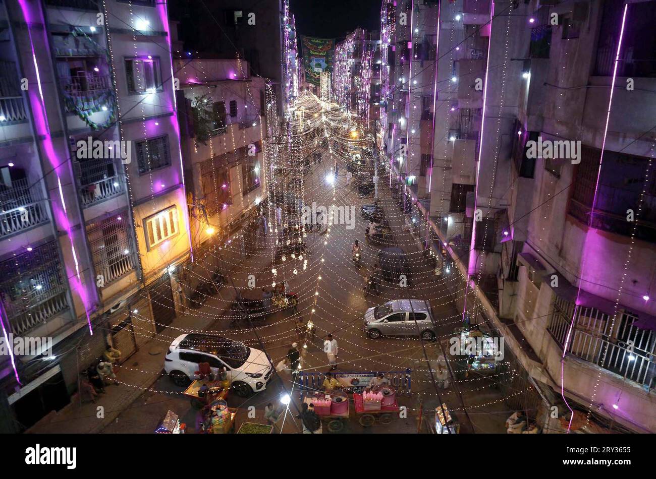 A beautiful illuminated view of the Chakla Street decorated with lights ...