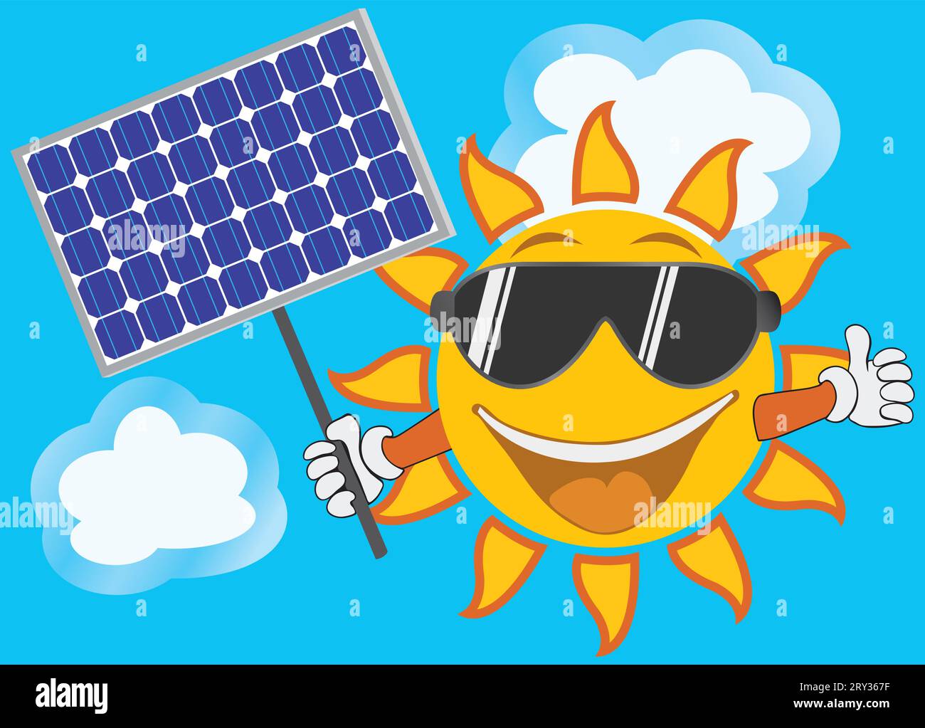Happy sun with solar panel and sky background.Solar energy concept ...