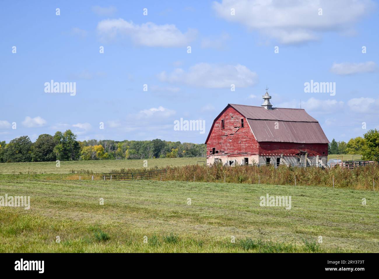 Vintage weathered wood barn on across the farm field in summer Stock ...