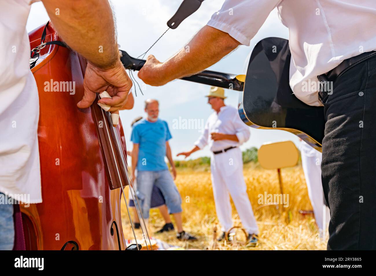 Contrabass is in focus. Musician contrabassist plays double bass for ...