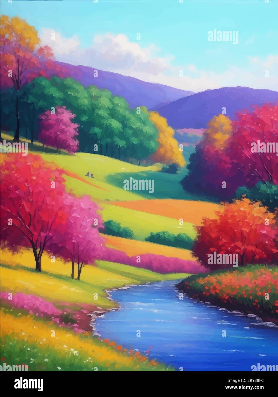 Vibrant autumn colors, digital landscape painting. The artwork captures ...