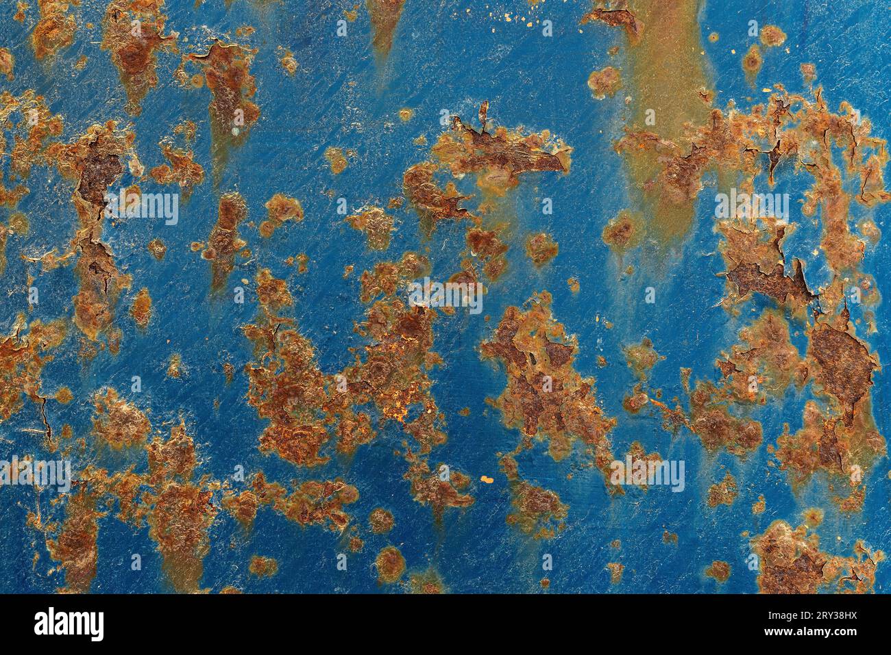 Closeup of rusty blue metal surface of iron oxide as abstract ...