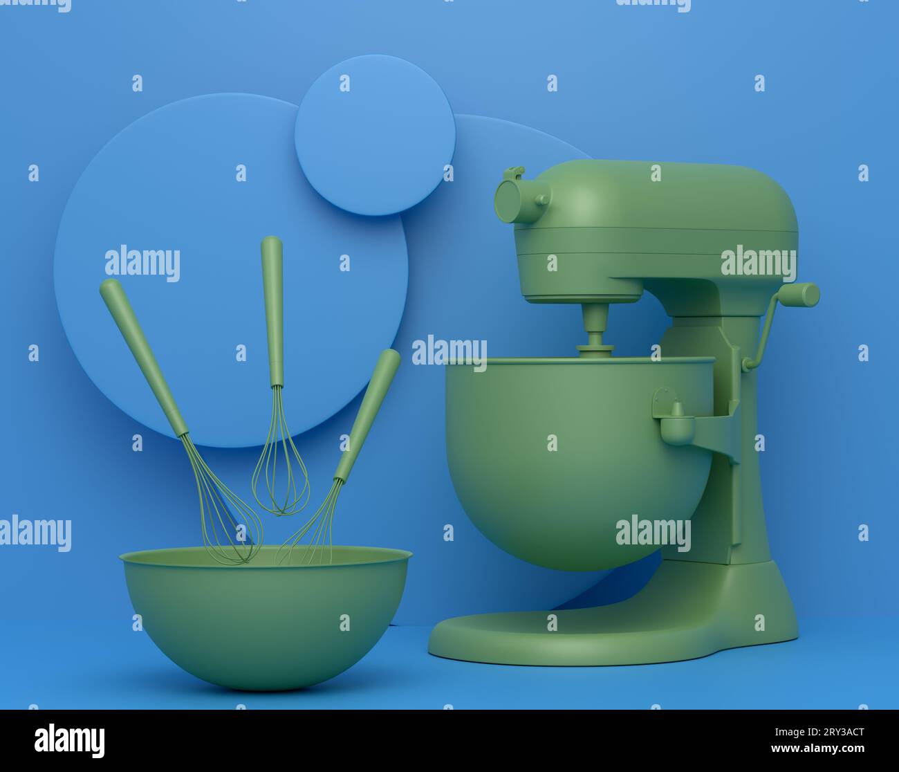 Abstract scene or podium with blender and kitchen utensil on monochrome ...