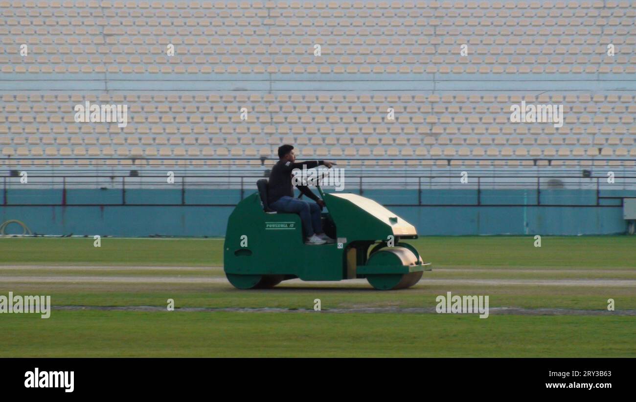 Grounds men using a heavy roller after the ICC Men's T20 World Cup Sub ...