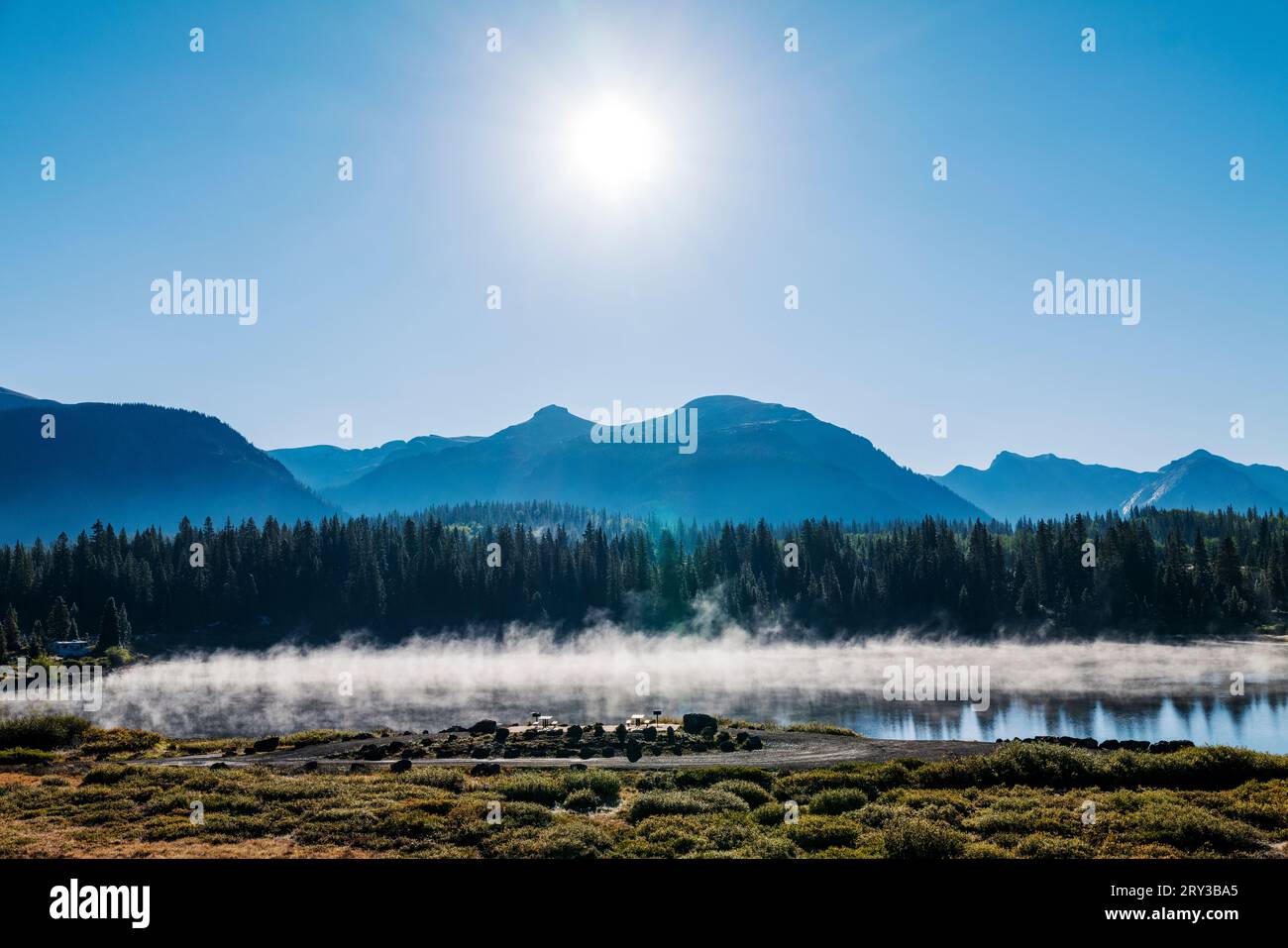 Sunrise light and morning mist; Molas Lake Park & Campground; Silverton ...