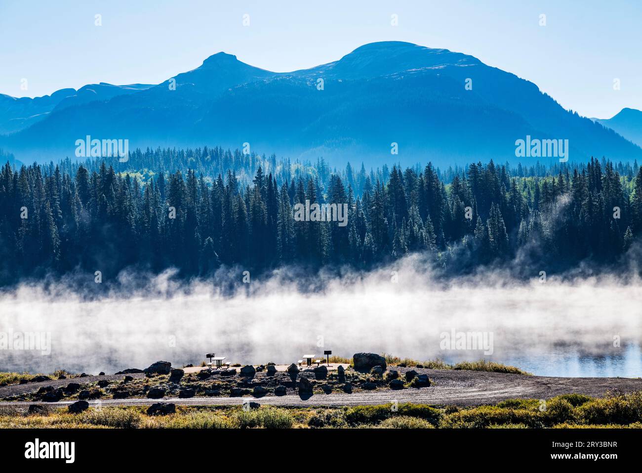 Sunrise light and morning mist; Molas Lake Park & Campground; Silverton ...