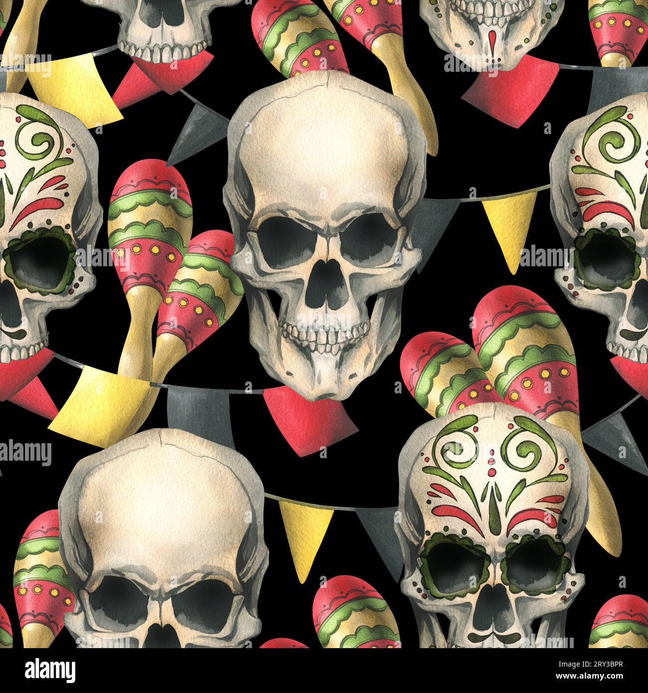 Ornamented human skulls with maracas, garland paper flags. Hand drawn ...