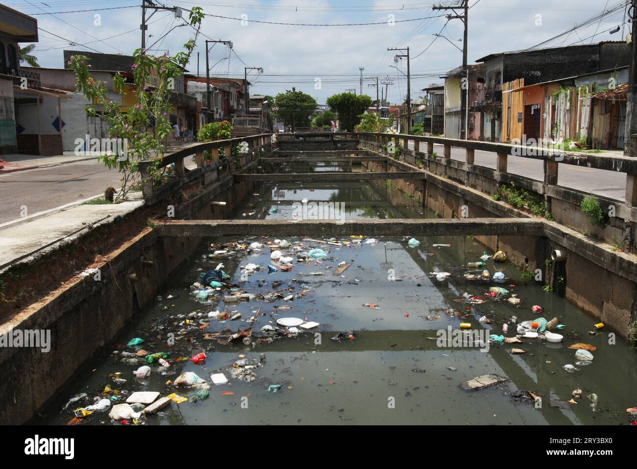 A general view shows garbage floats on the waters of the Jos Leal ...