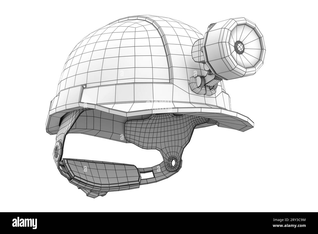 Safety helmet or hard cap with flashlight and earphones muffs isolated ...