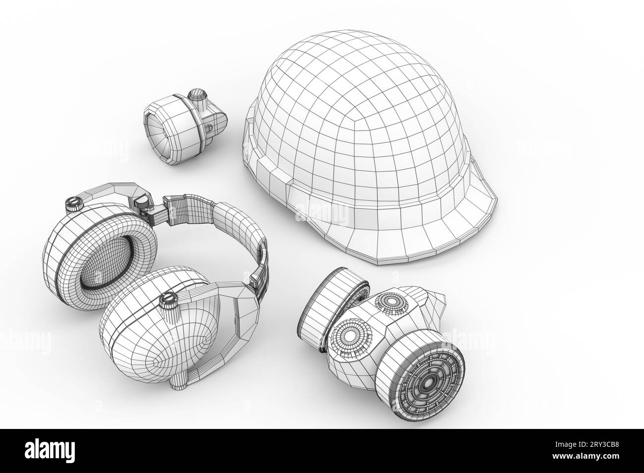 Safety helmet or hard cap, respirator and earphones muffs isolated on ...