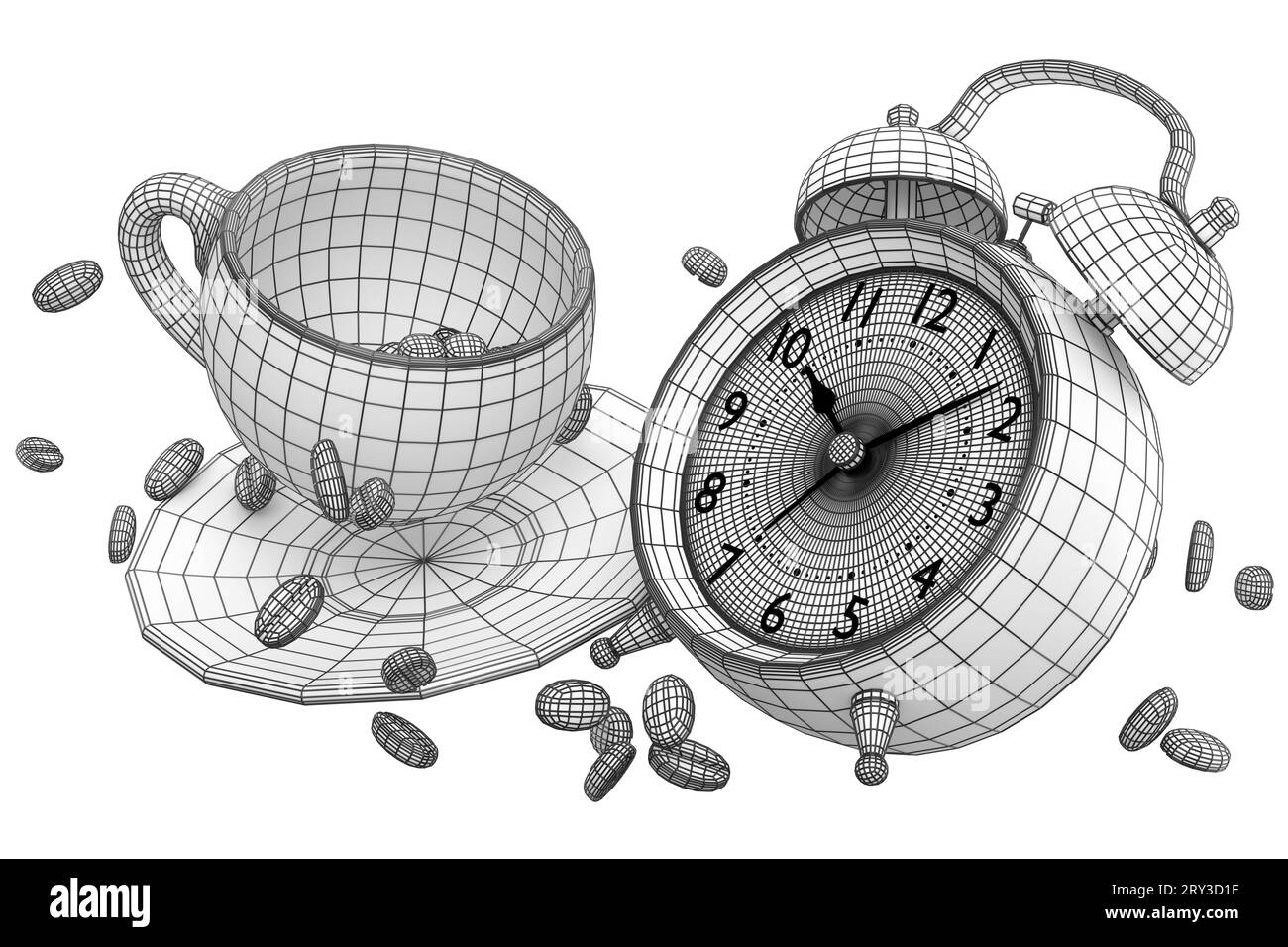 Vintage alarm clock with ceramic coffee cup on green background. 3d ...