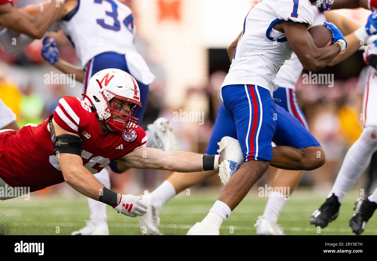 Nebraska linebacker Grant Tagge (56) reaches to tackle Louisiana Tech ...