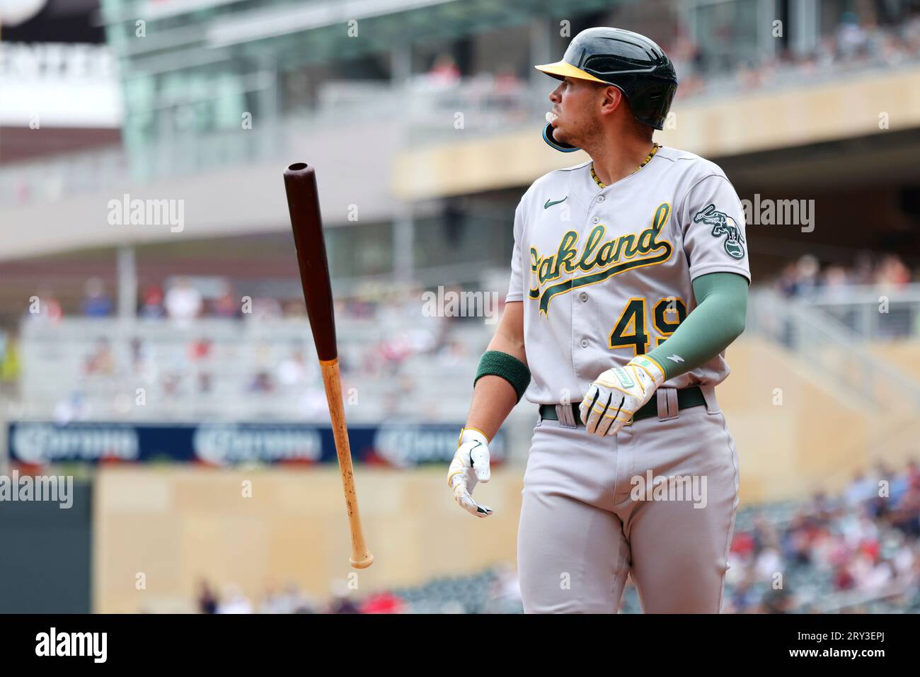 Oakland Athletics first baseman Ryan Noda tosses his bat after striking ...