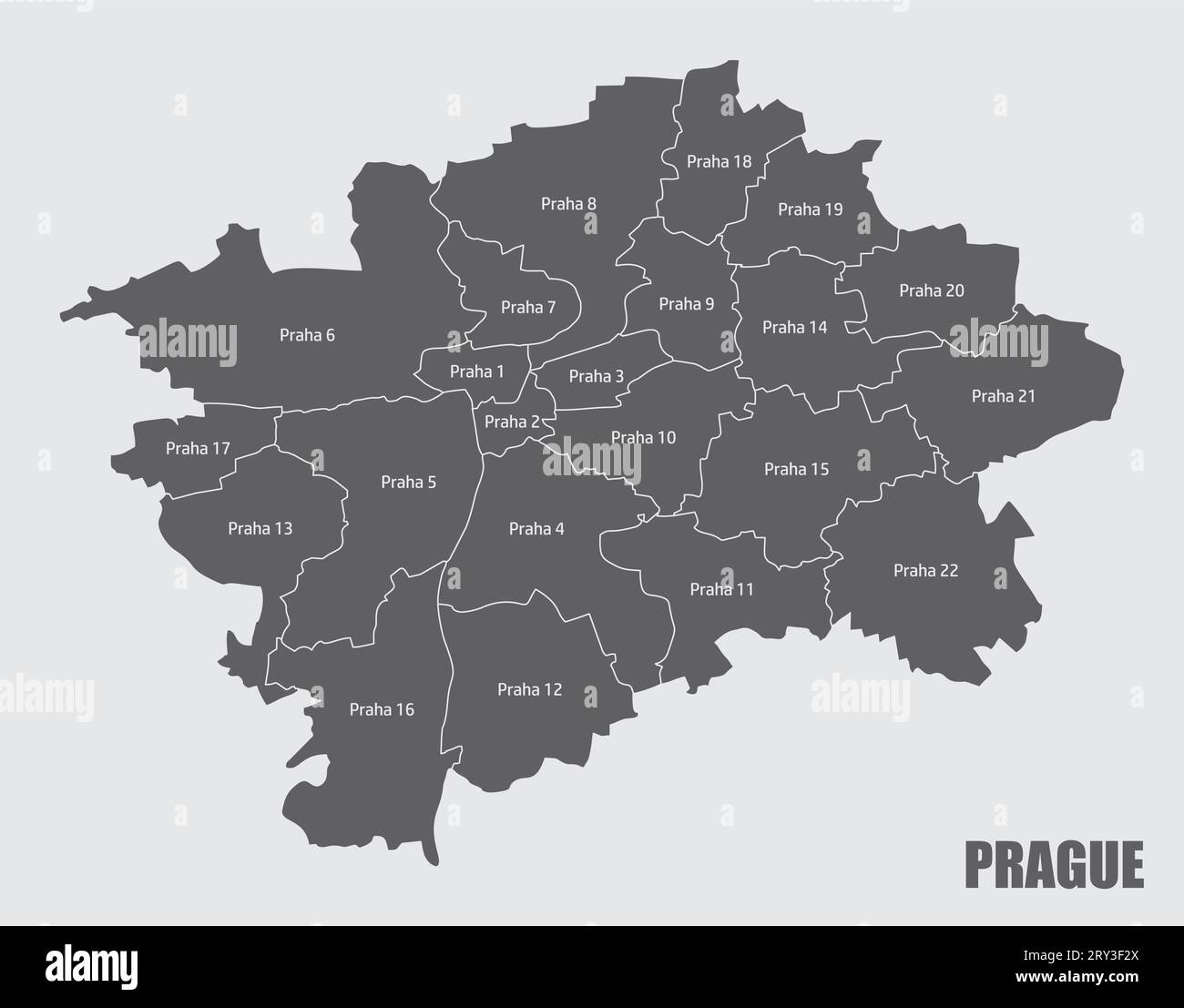 Prague administrative map isolated on gray background, Czech Republic ...