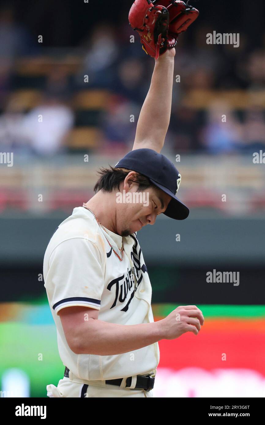 Minnesota Twins starting pitcher Kenta Maeda reacts after giving up a ...