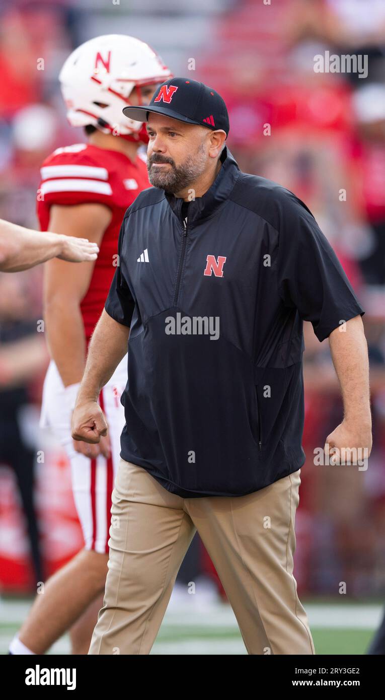 Nebraska head coach Matt Rhule talks to players as they warm up before ...