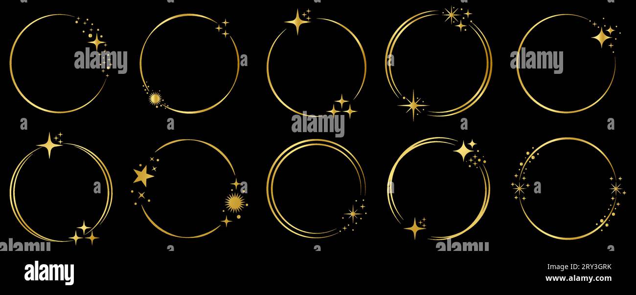 Set of gold star circle frames. Vector illustration isolated on black ...