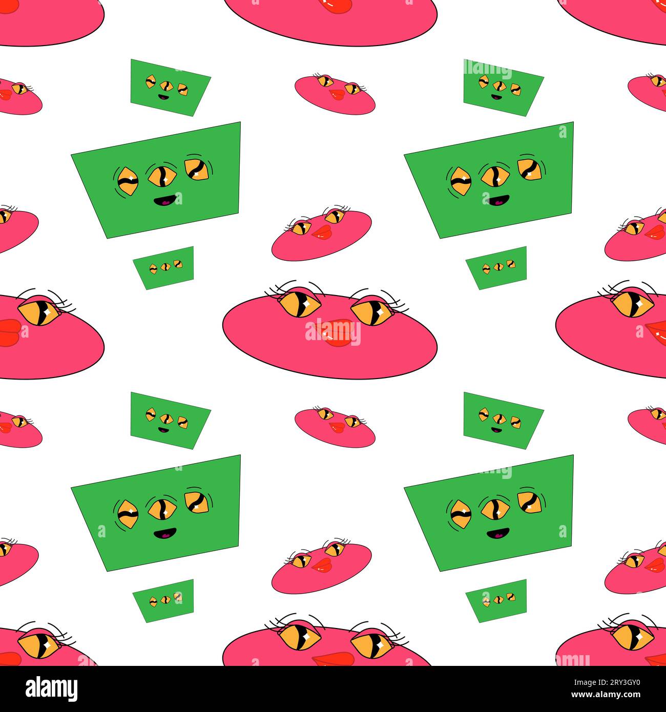 Geometric seamless psychedelic groovy pattern. different shapes. oval ...