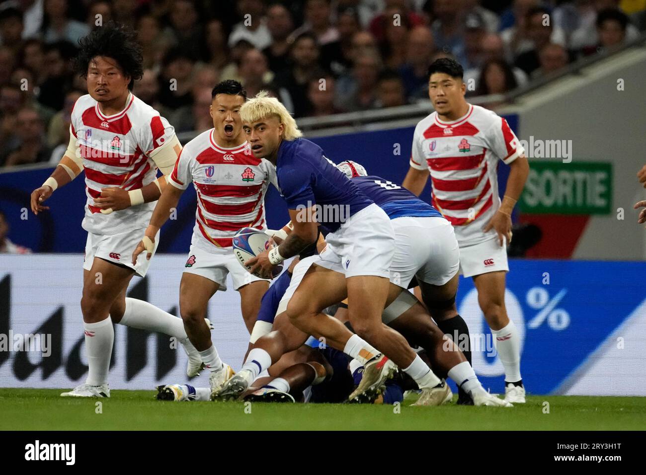 Samoa's Jonathan Taumateine passes the ball during the Rugby World Cup ...