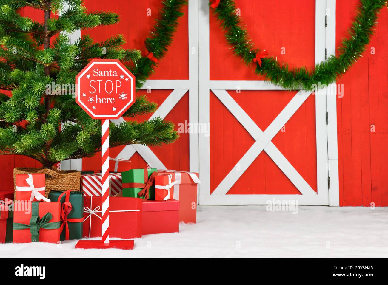 Christmas background with Santa Stop sign, gift boxes, Christmas tree ...
