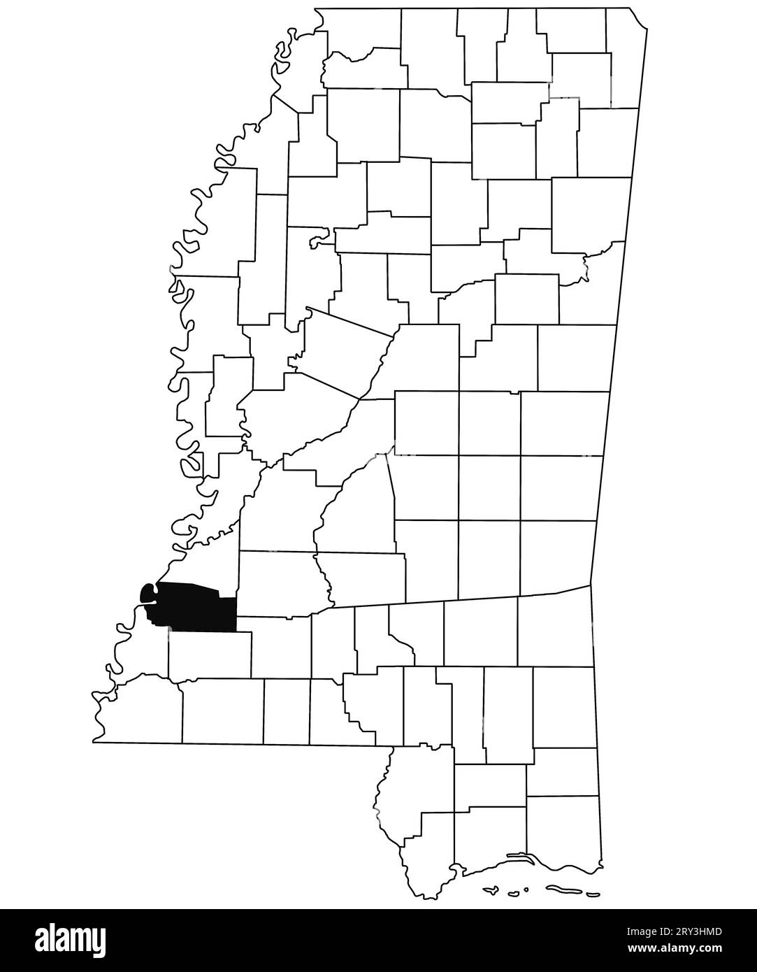 Map of Jefferson County in Mississippi state on white background ...