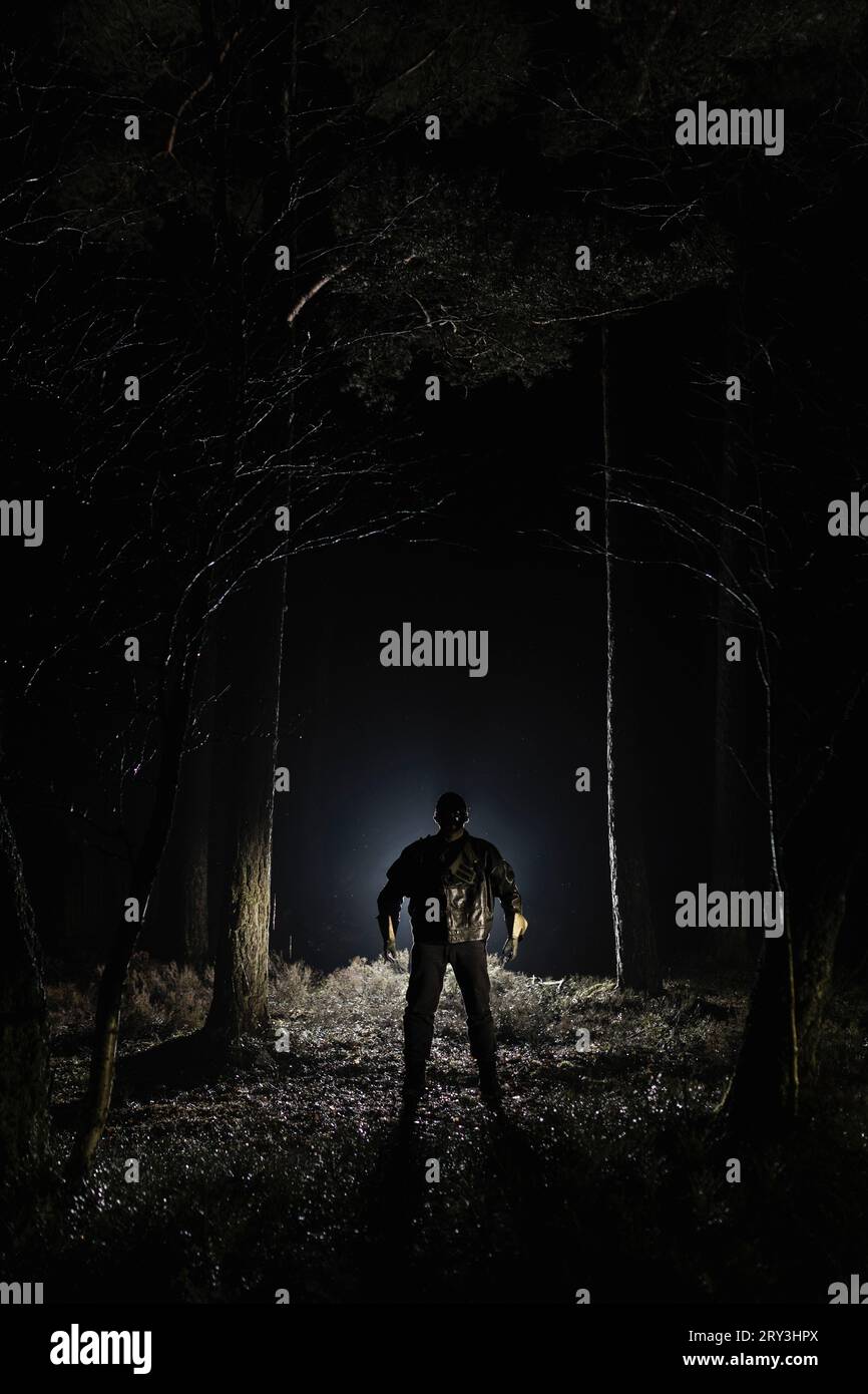 Demon standing amidst trees in forest at night Stock Photo - Alamy