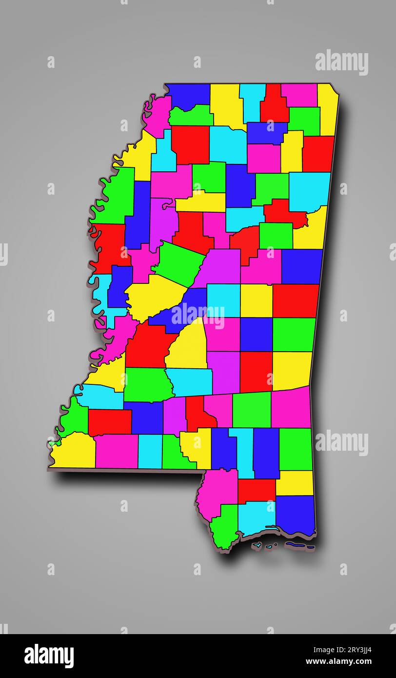 3d colorful Map of Mississippi state with borders of the counties and ...