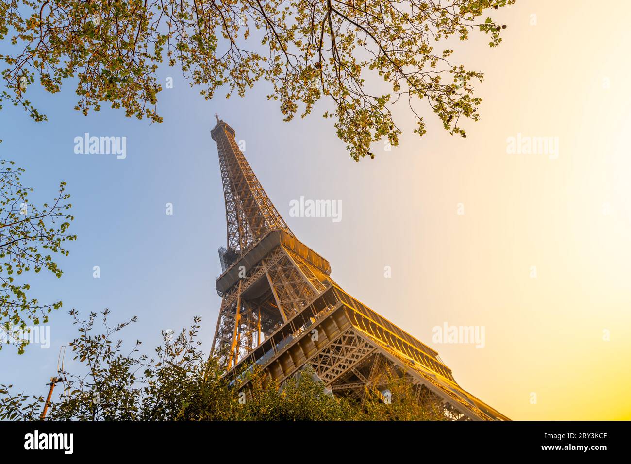 Eiffel Tower bottom-up view in the sunny morning. Paris, France Stock ...