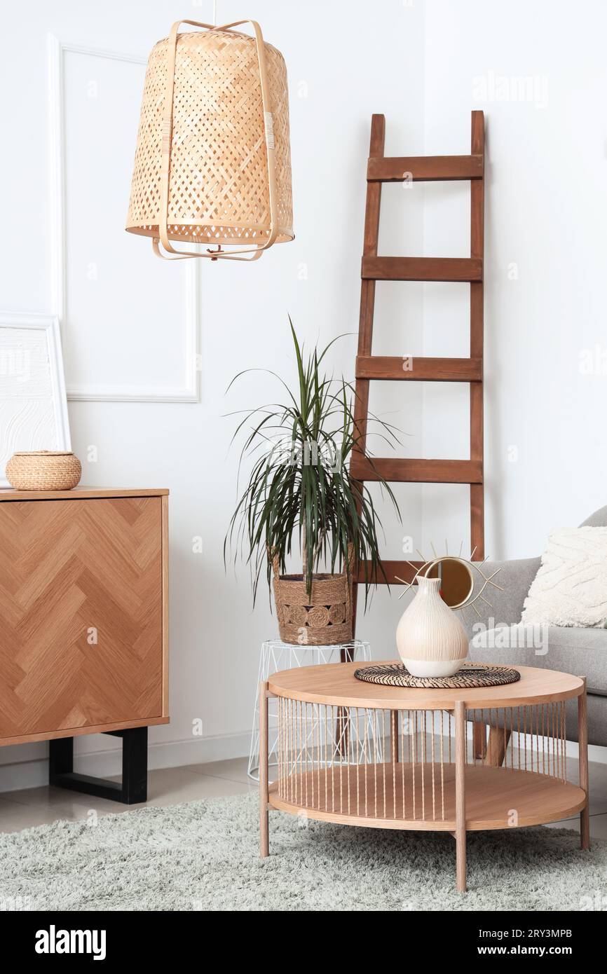 Interior of light living room with palm tree, ladder and table Stock ...