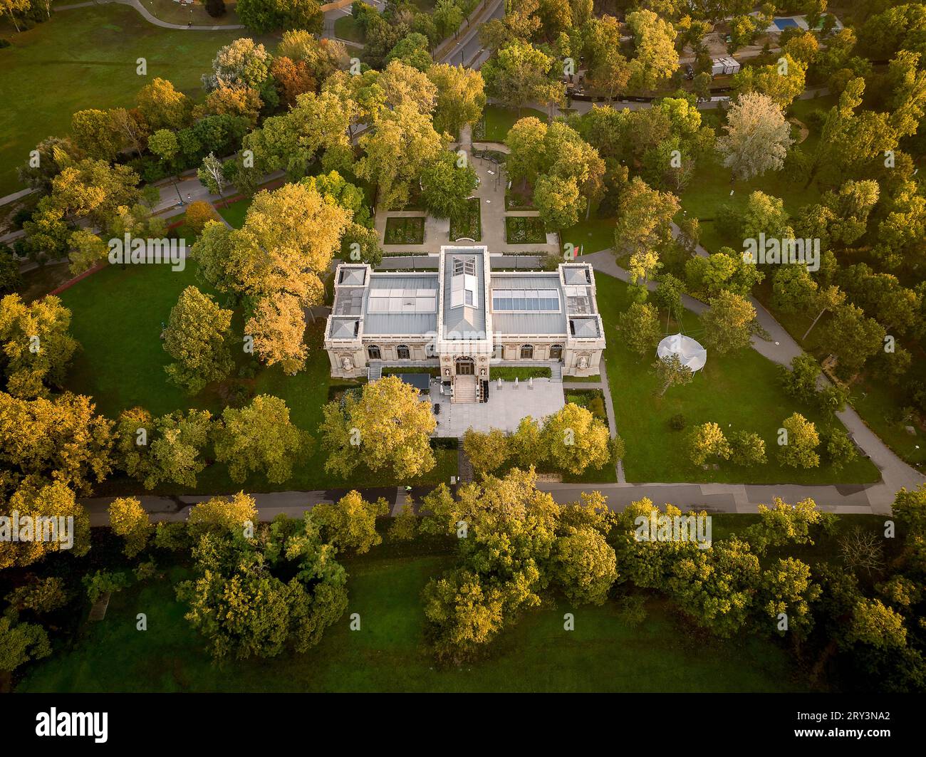 Erial view about a part of the city park of Budapest. The Millenium ...