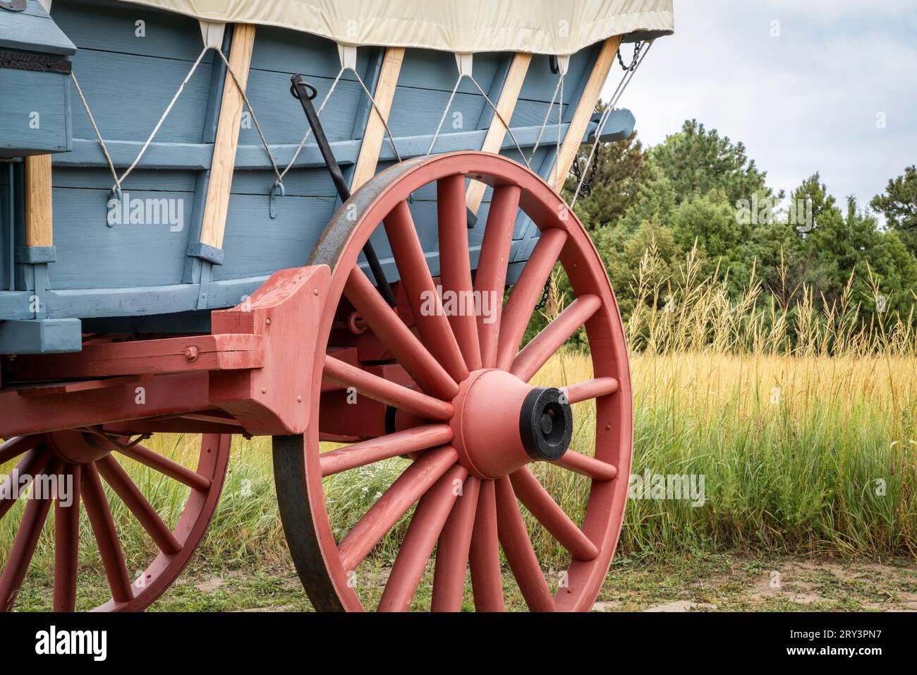 replica of pioneer covered wagon on a prairie in Scotts Bluff National ...