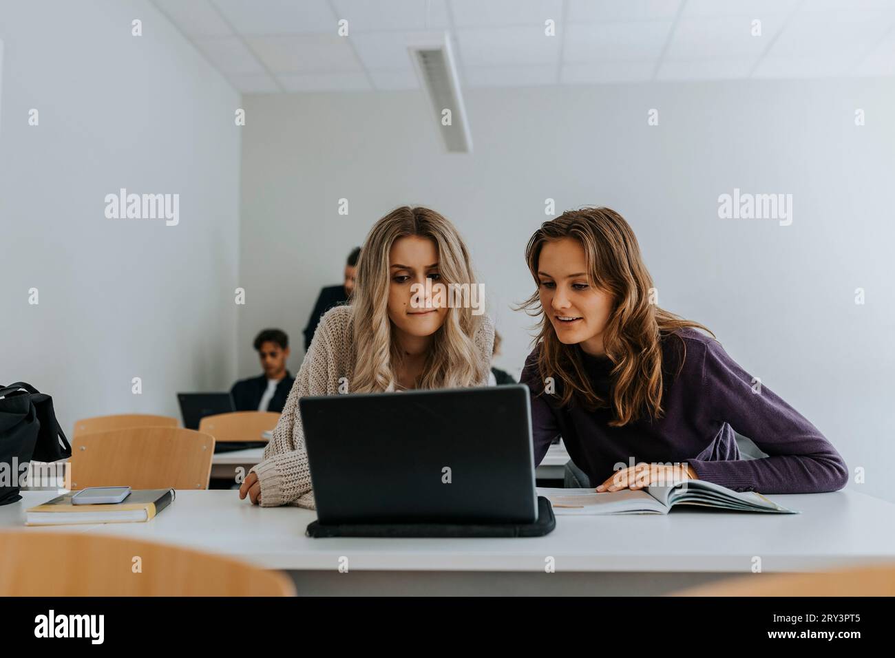 Young female students using laptop together at desk in classroom Stock ...