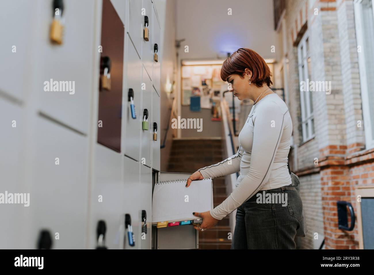 Side view of teenage girl keeping book in locker at corridor Stock ...