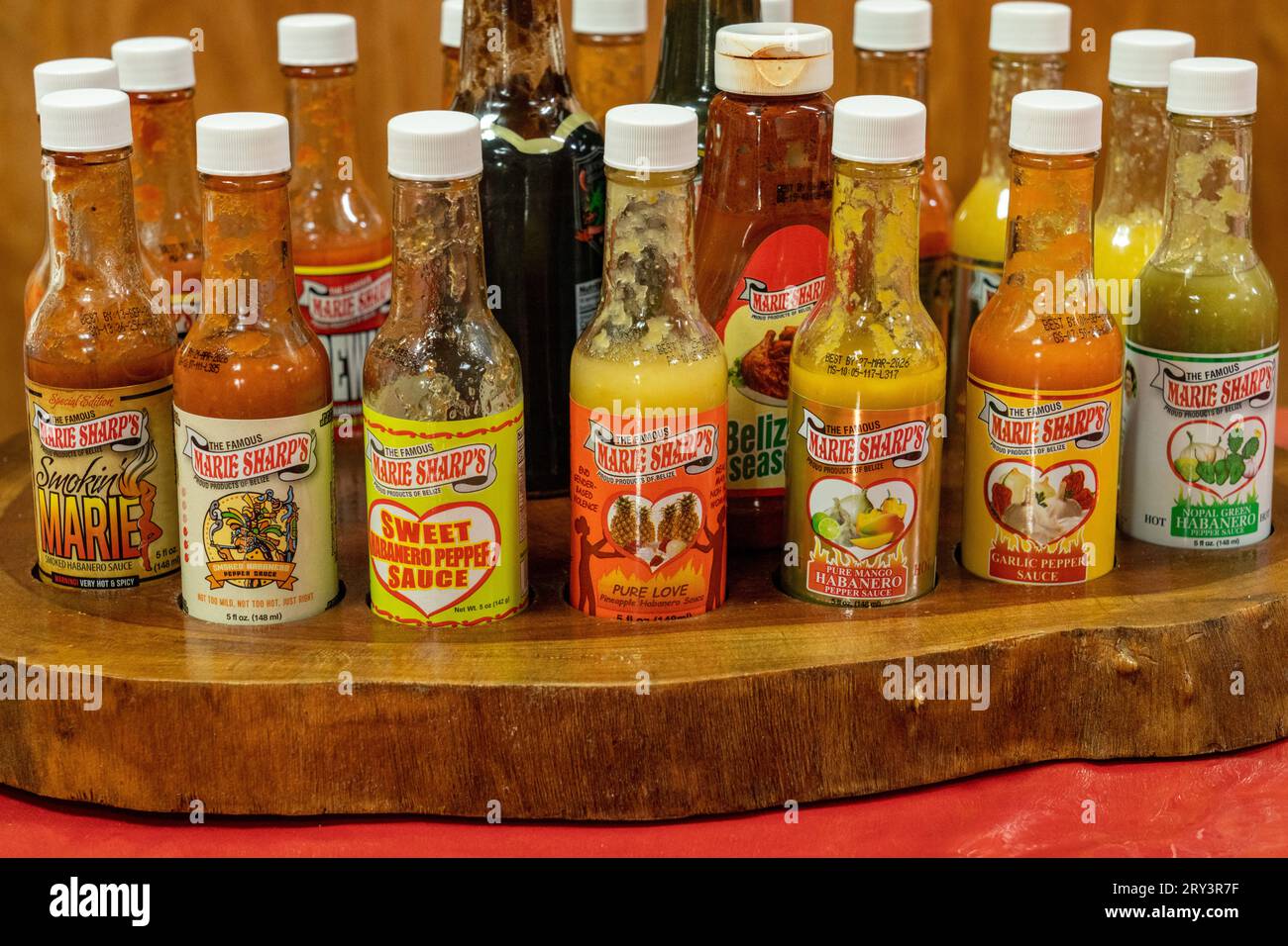 Bottles of Marie Sharp's hot sauces for use in a tasting tour of the ...