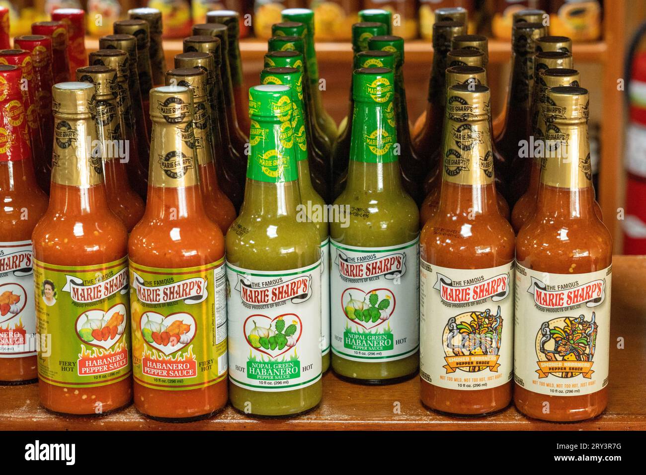Bottles of Marie Sharp's hot pepper sauces for sale in the Marie Sharp ...