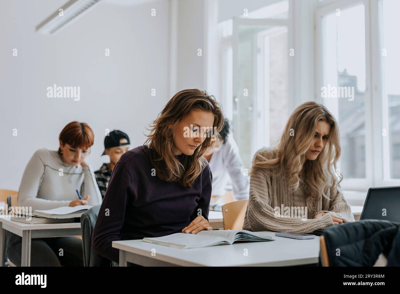 Young female students studying at desk in classroom Stock Photo - Alamy