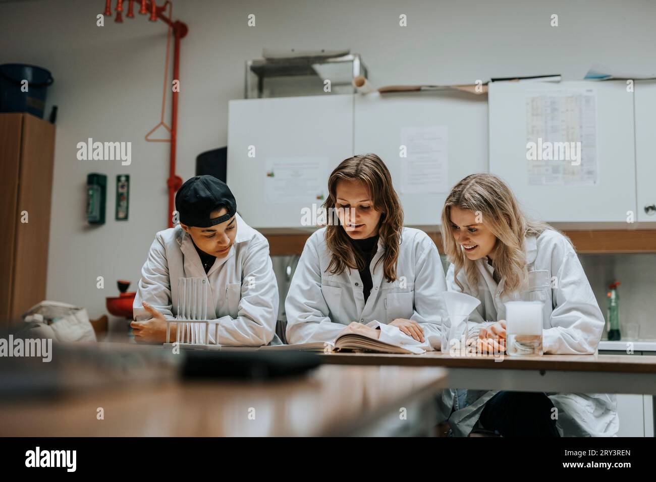 Young multiracial students studying at desk in laboratory Stock Photo ...