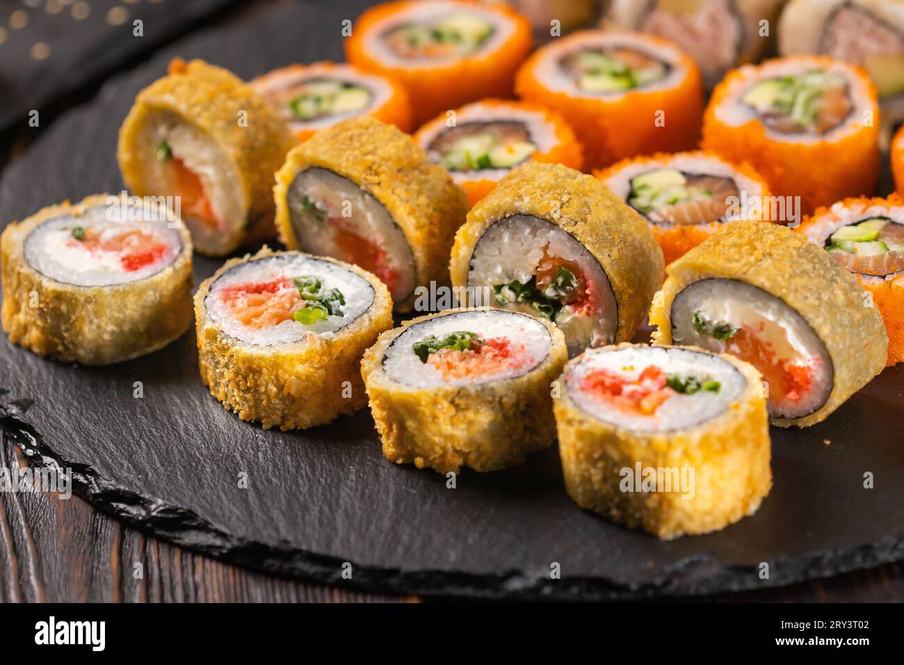 Japanese salmon sushi - Sushi menu norimaki and uramaki. Asian cuisine ...