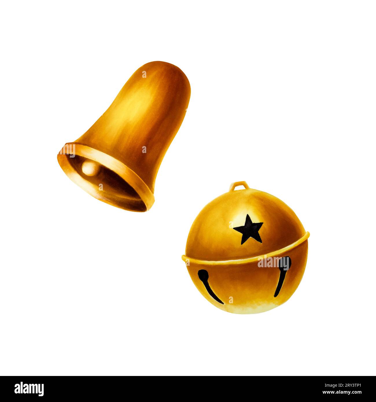 Watercolor christmas golden bells illustration. New year symbol ...