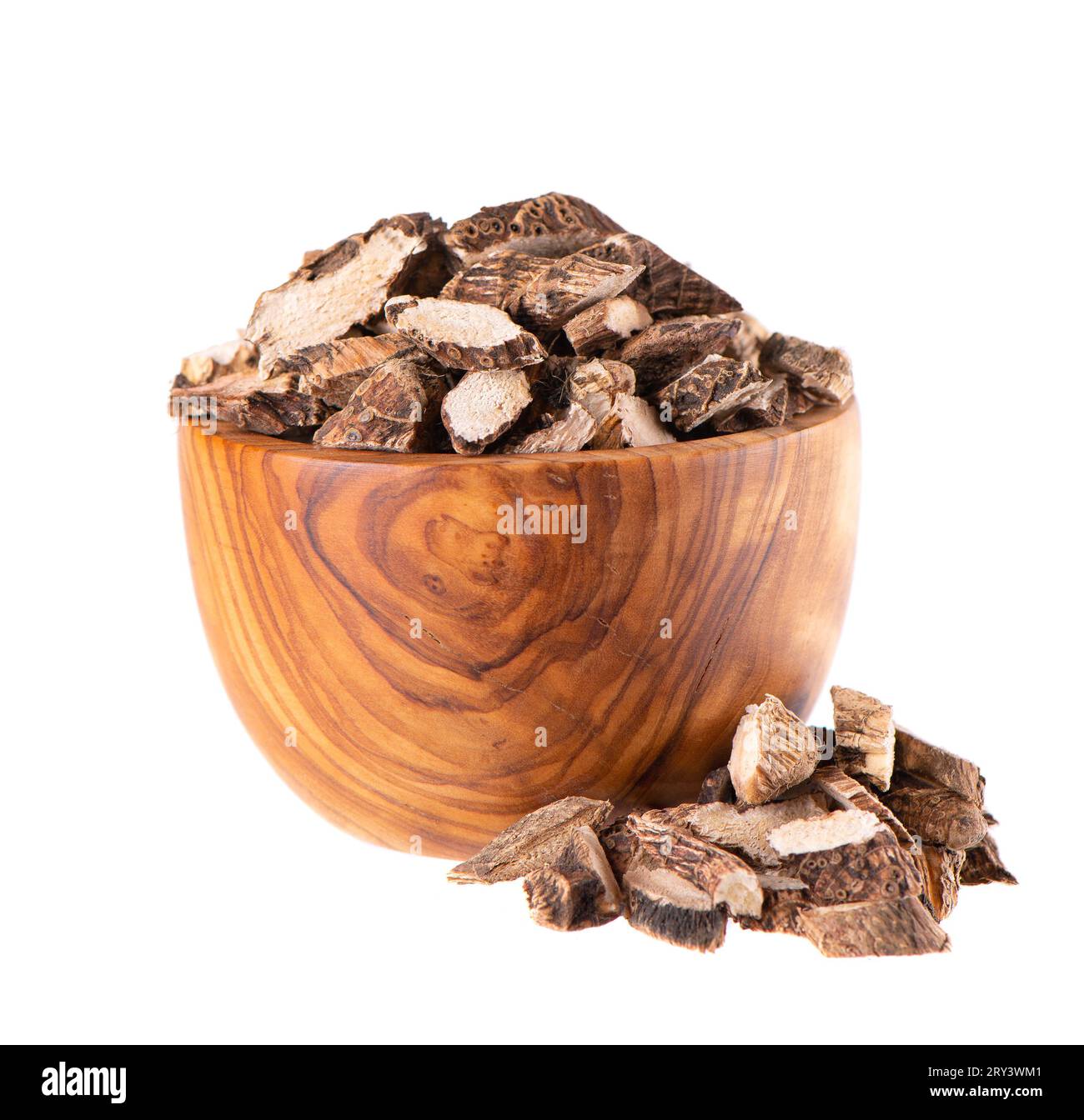 Calamus root in wooden bowl, isolated on white background. Sweet flag ...