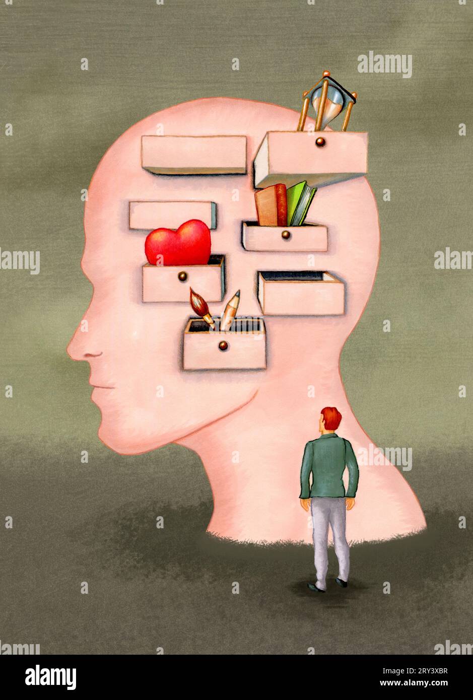 Life memories stored in some drawers on an human head shape ...
