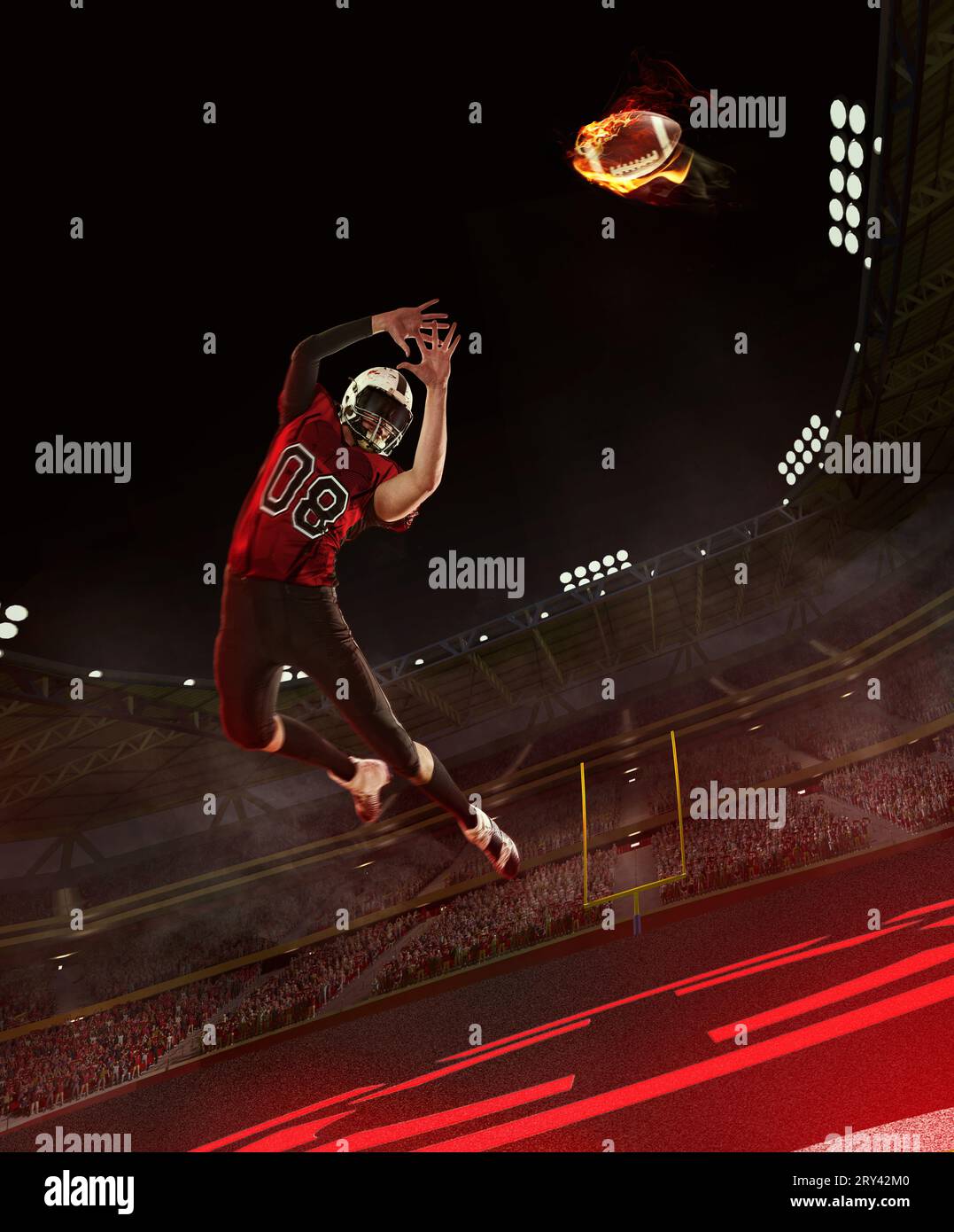 Dynamic image of competitive man, american football player catching ...