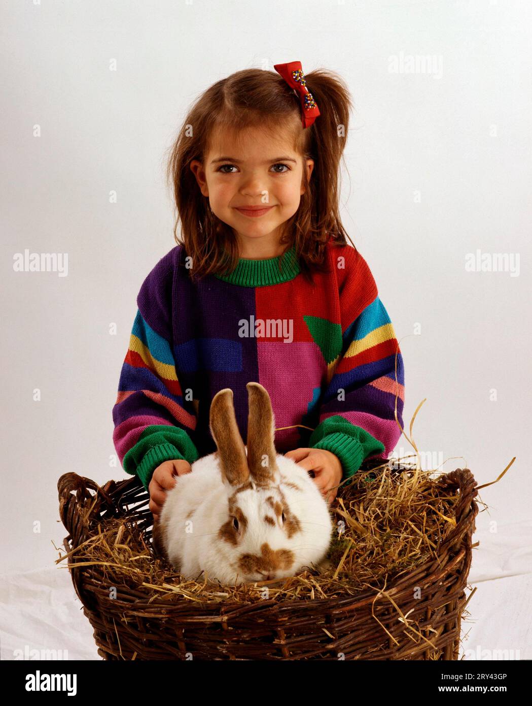 Girl with domestic rabbit, Rabbit, Inside, Studio Stock Photo - Alamy