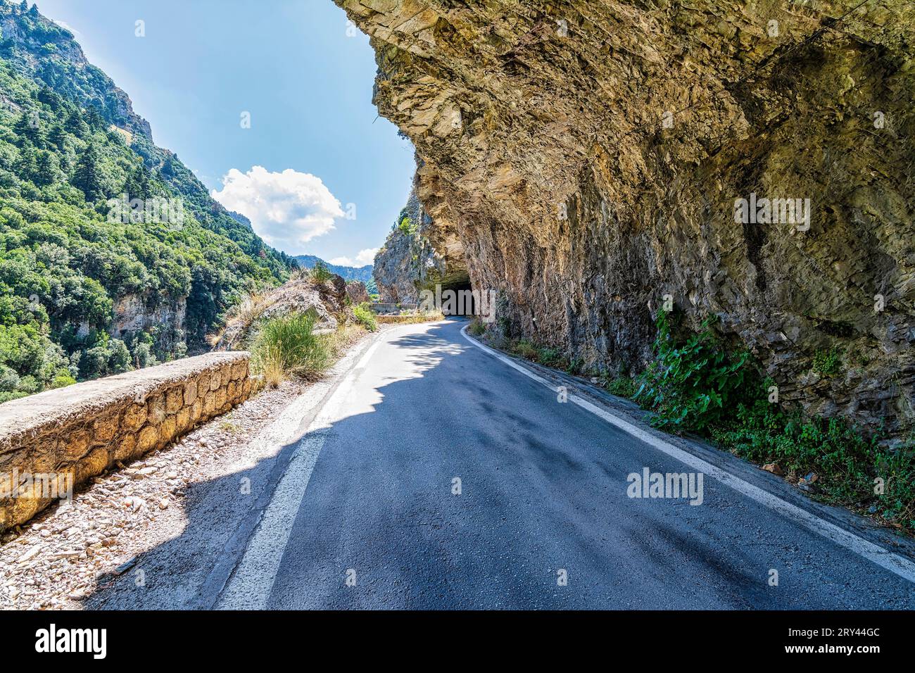 The gorgeous road under the rocks in the old Sparta-Kalamata highway in ...