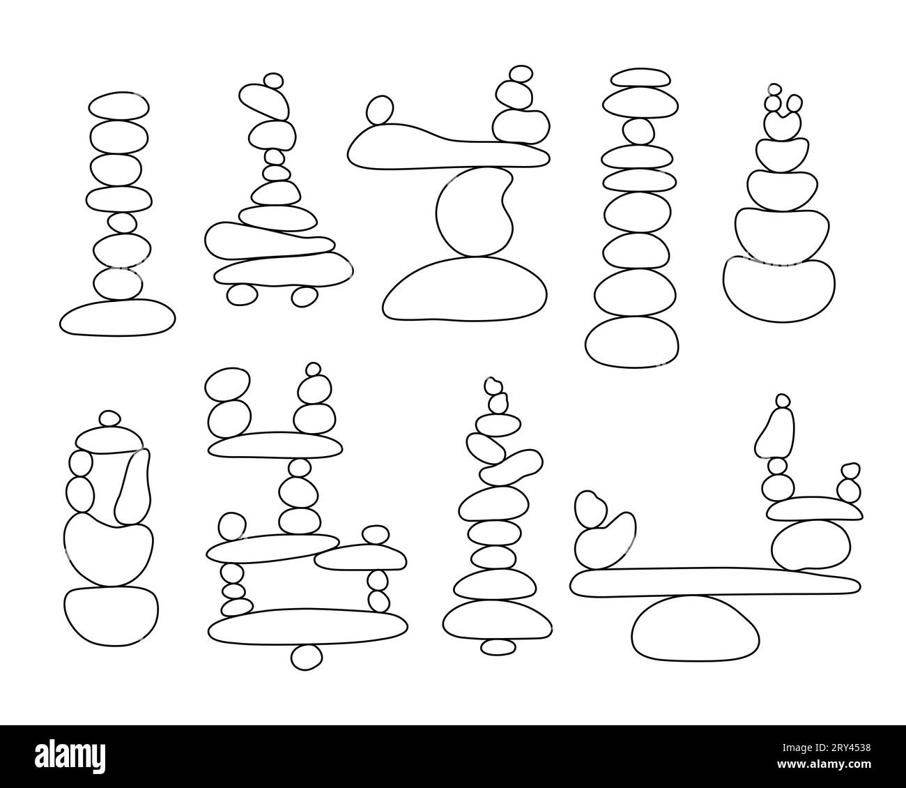 Zen stone cairns set in simple abstract doodle style outline vector ...