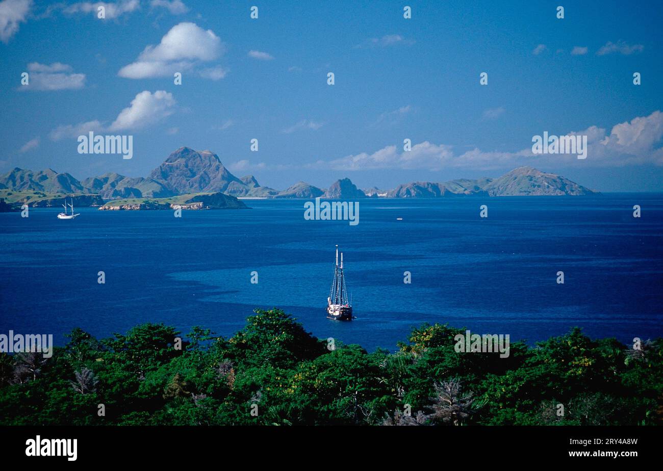 Ship in bay, Komodo Island, Komodo national park, Indonesia, Ship in ...