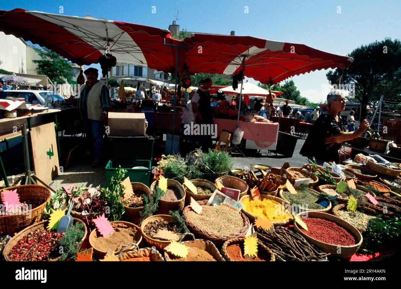 Market stall with spices, Gordes, Vaucluse, Provence, Southern France ...