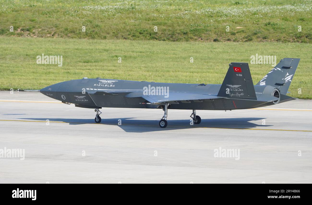 ISTANBUL, TURKIYE - APRIL 30, 2023: Baykar Bayraktar Kizilelma display ...
